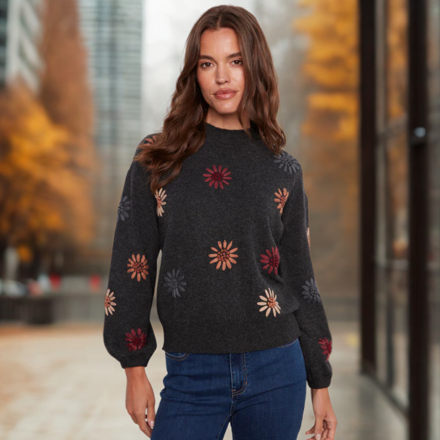 Charlie B Autumn Floral Embroidered Sweater (Charcoal) Casual Shirts ...