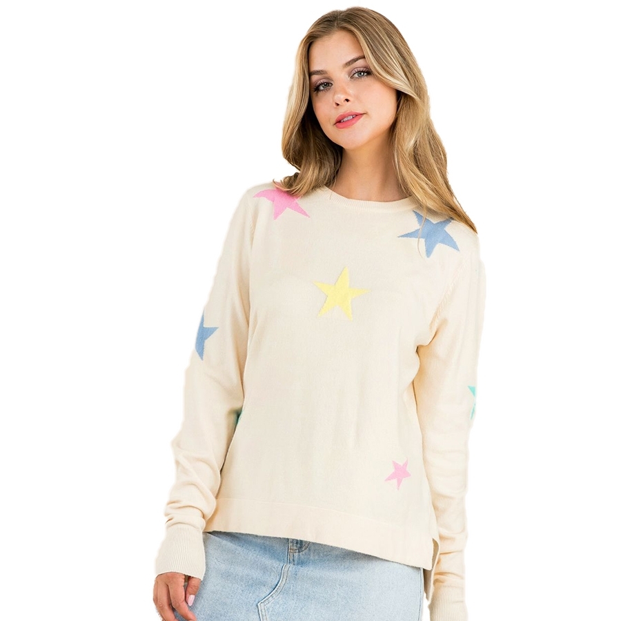 Theme Tara Multi Star Crew Neck Sweater (Cream) Sweaters at Chagrin ...