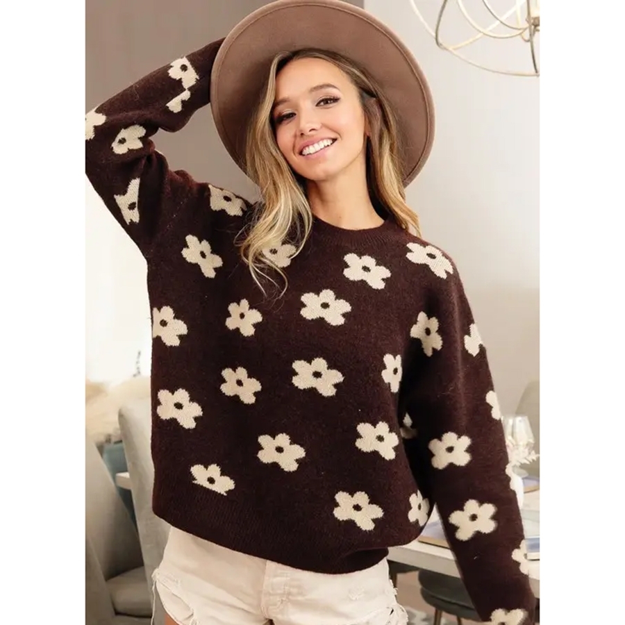 VM Flower Power Crew Neck Sweater (Brown/Taupe) Sweaters at Chagrin ...