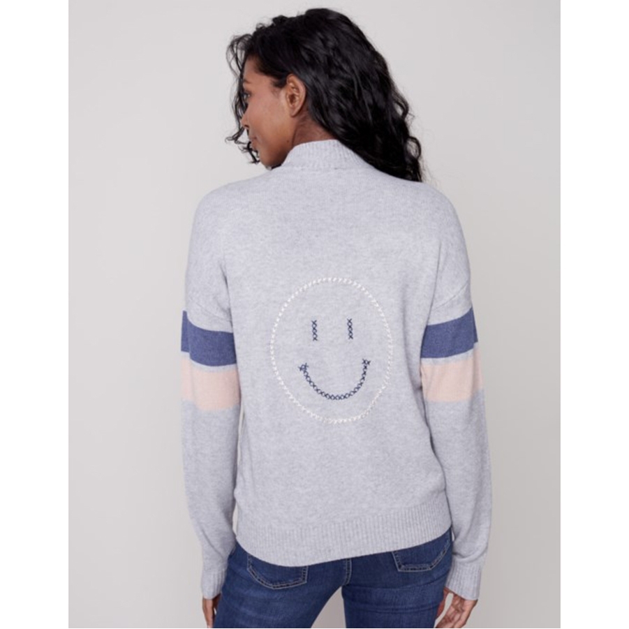 Charlie B Mock Neck Smiley Back Jacquard Sweater (Grey) Sweaters at Chagrin Saddlery Main