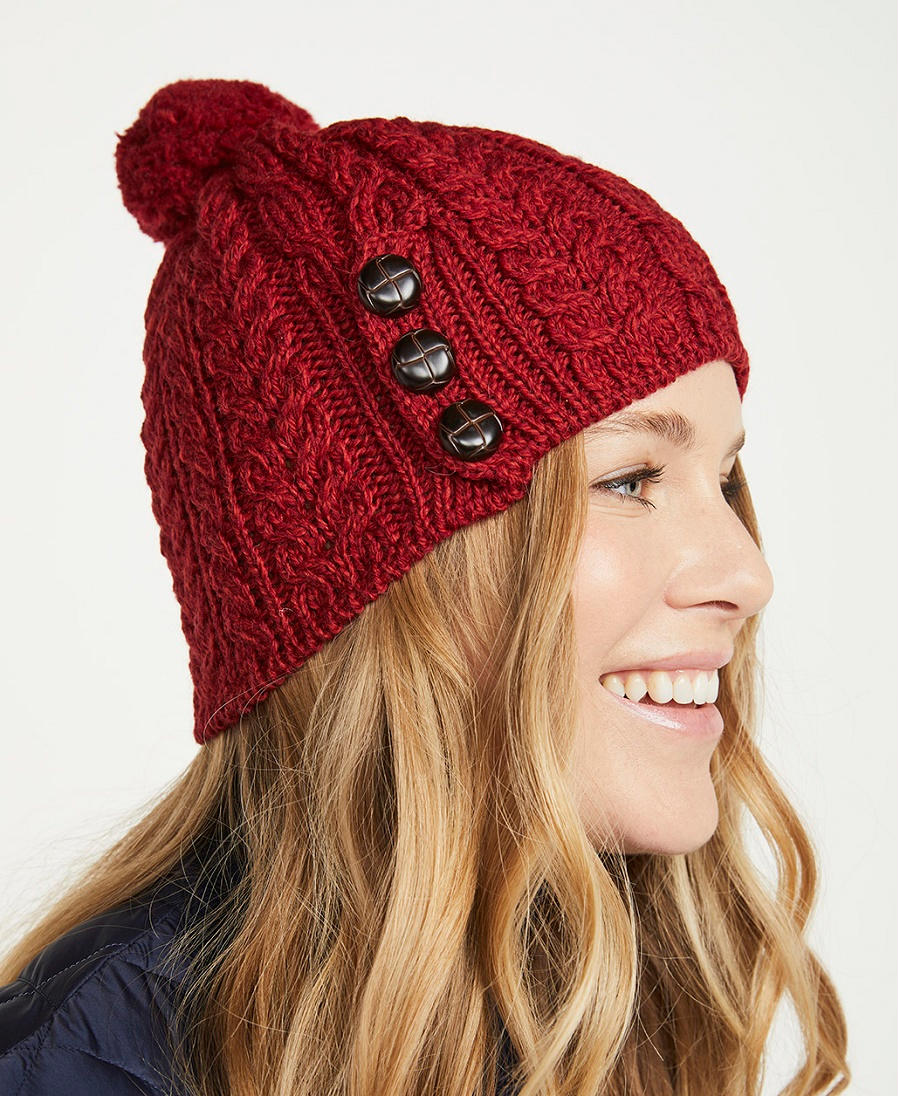 Aran Woollen Mills Aran Buttoned Hat (Merlot) Clothing Caps Hats at ...