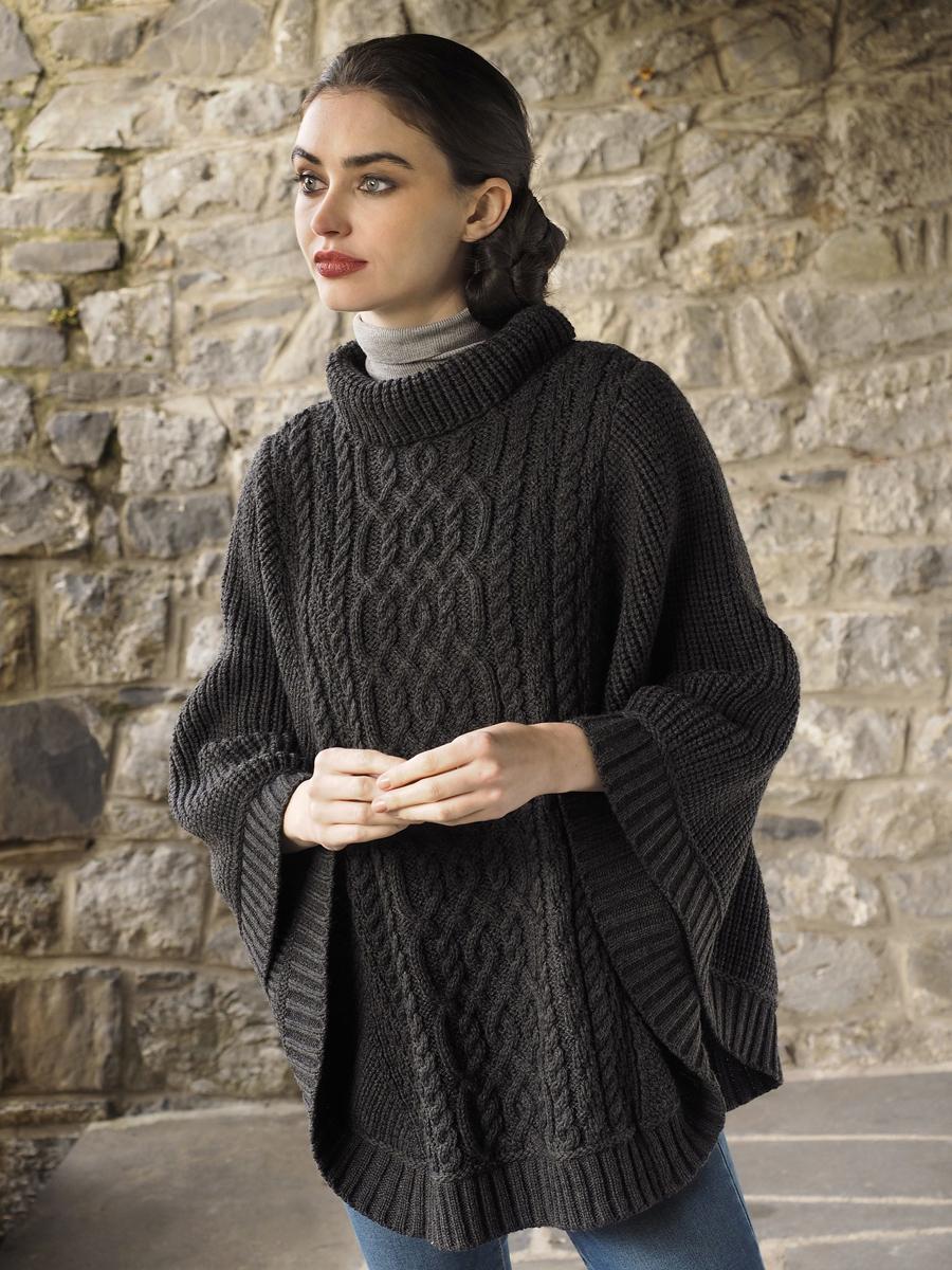 Aran Craft Ribbed Irish Poncho (Charcoal) Clothing Capes Shawls at ...