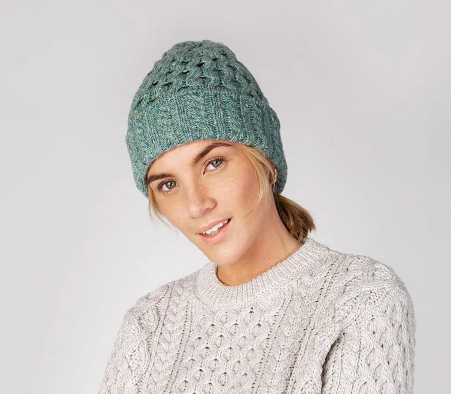 Irelands Eye Knitwear Luxe Aran Hat (Ocean Mist) Clothing Caps Hats at ...