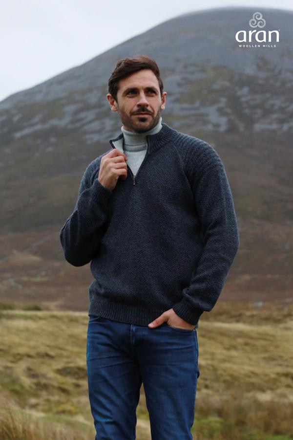 Aran Woollen Mills Ocean Grey Merino Wool Ribbed Troyer Sweater ...