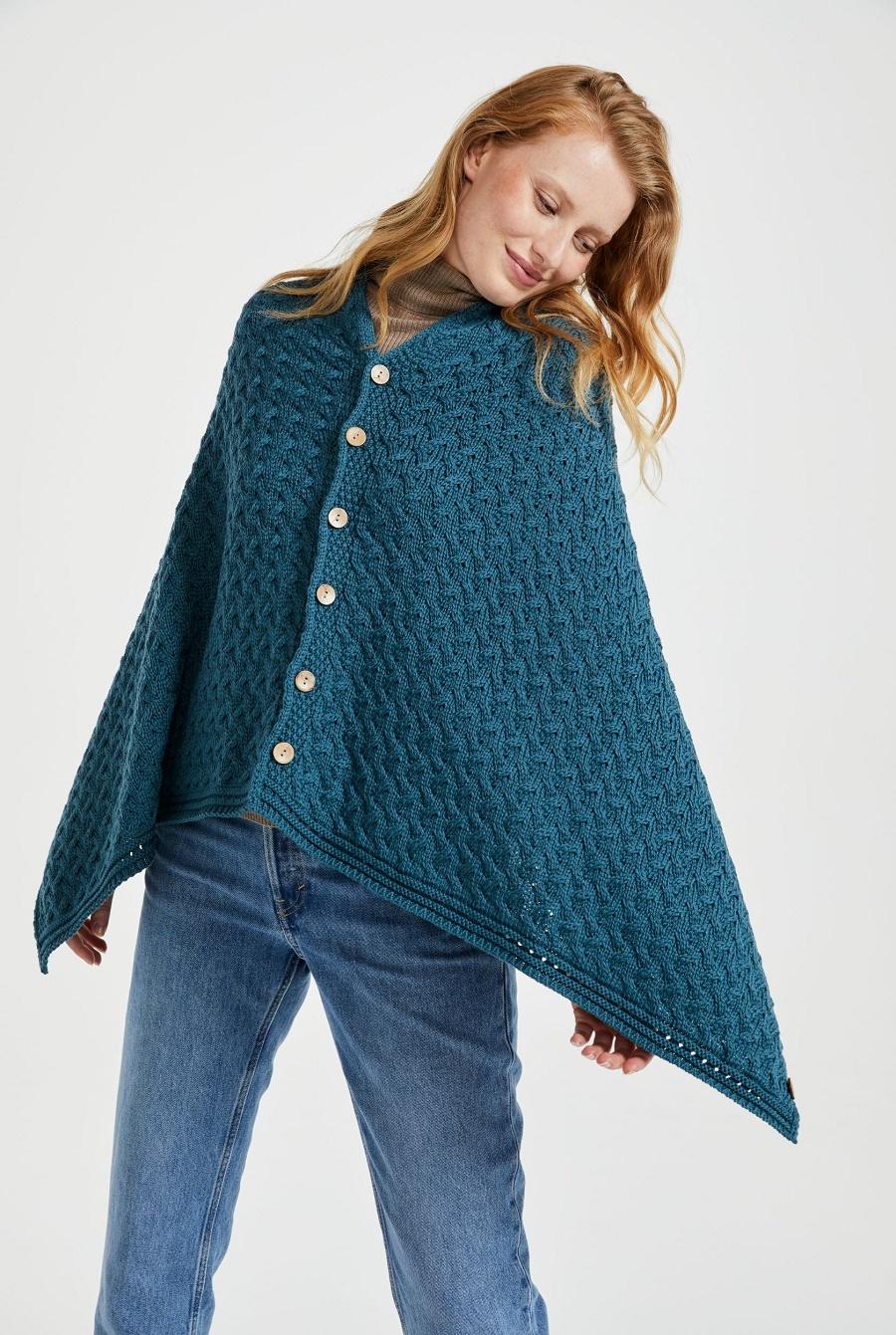 Aran Woollen Mills Irish Shrug Cape (Irish Sea Blue) Clothing Capes ...