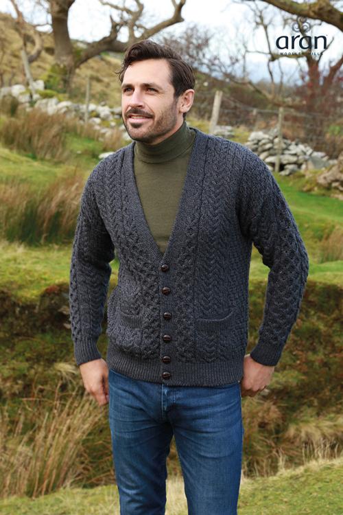 Aran Woollen Mills Grey Merino V Neck Cardigan Clothing Knitwear at ...