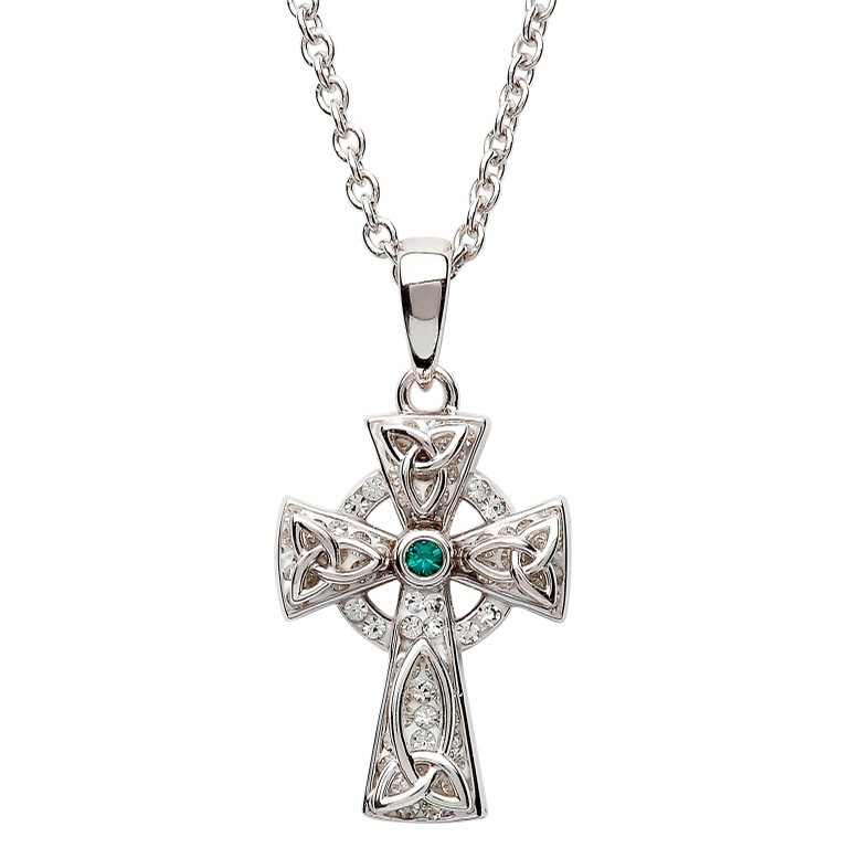 Shanore Celtic Cross Pendant with White and Green Swarovski Crystals ...