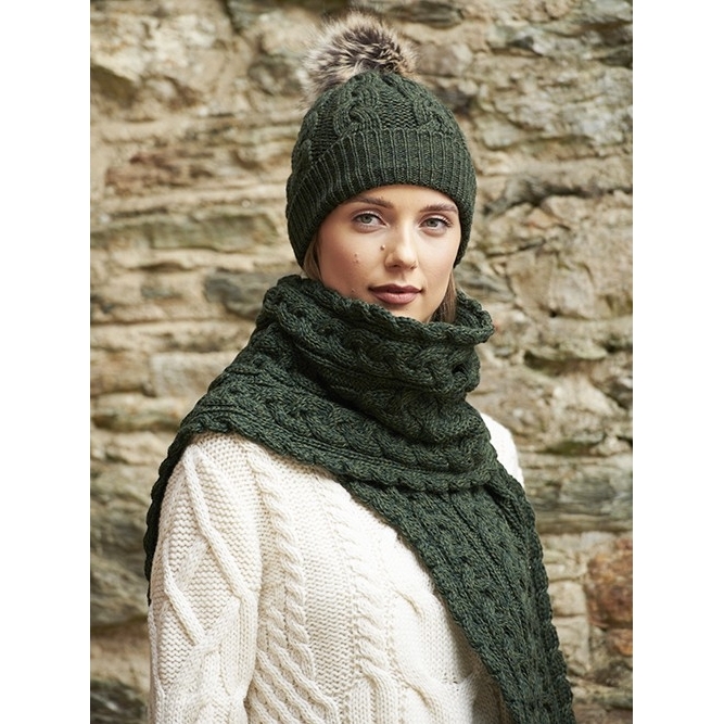Aran Craft Irish Cable Pom Pom Hat (Army Green) Clothing Caps Hats at ...