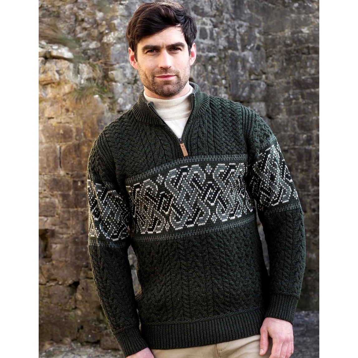 Aran Craft Celtic Jacquard Half Zip Sweater (Army Green) Clothing ...