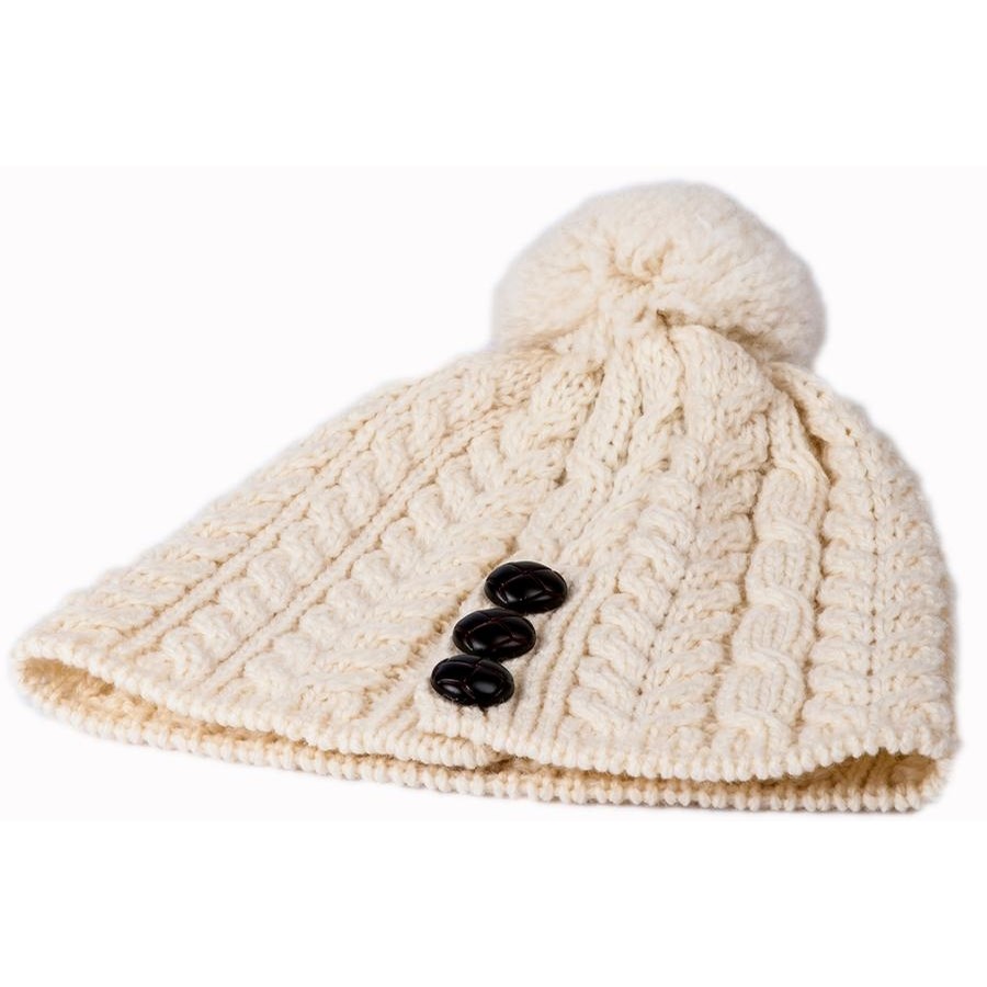 Aran Woollen Mills Aran Buttoned Hat (White) Clothing Caps Hats at ...