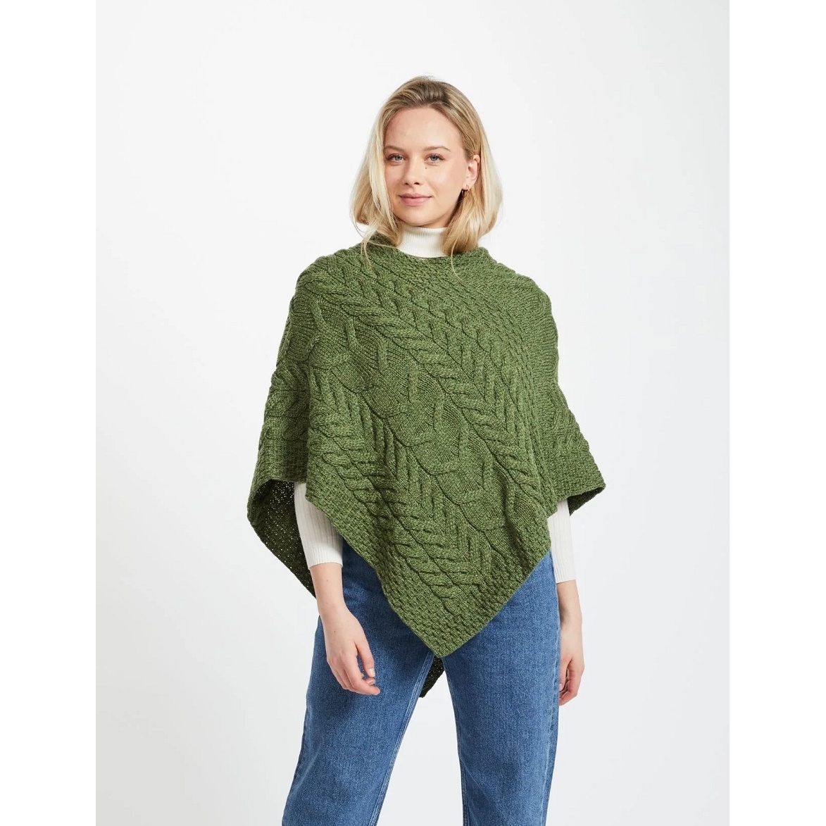 Aran Woollen Mills Irish Triangular Poncho (Moss Green) at Irish on Grand