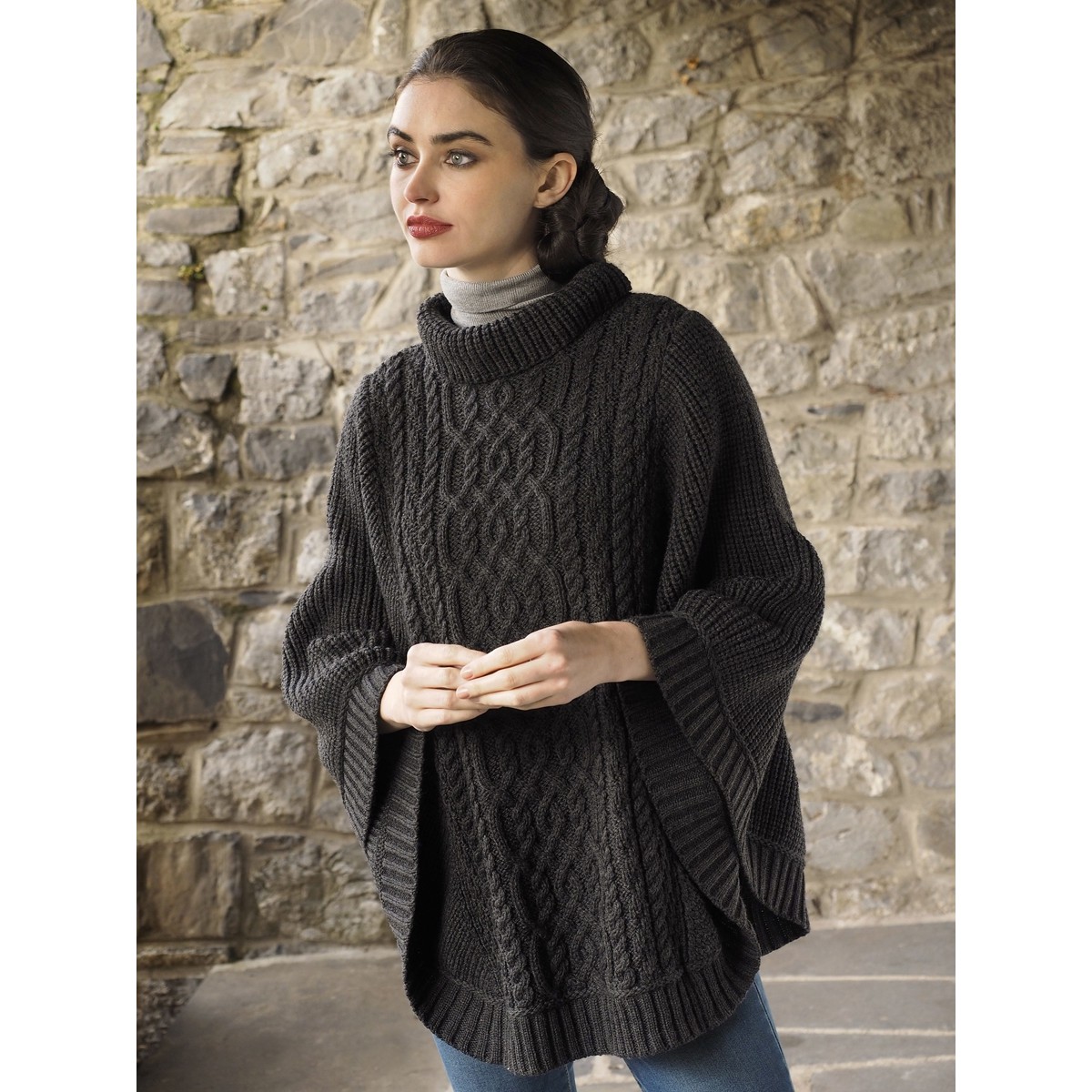 Aran Craft Ribbed Irish Poncho (Charcoal) Clothing Capes Shawls at ...