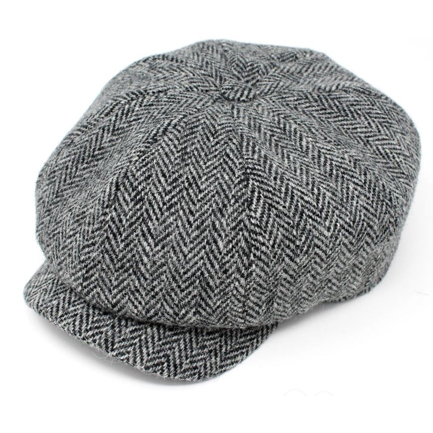 Hanna Hats Peaky Blinder Cap (Grey Black Herringbone Tweed) Clothing Caps Hats at Irish on Grand