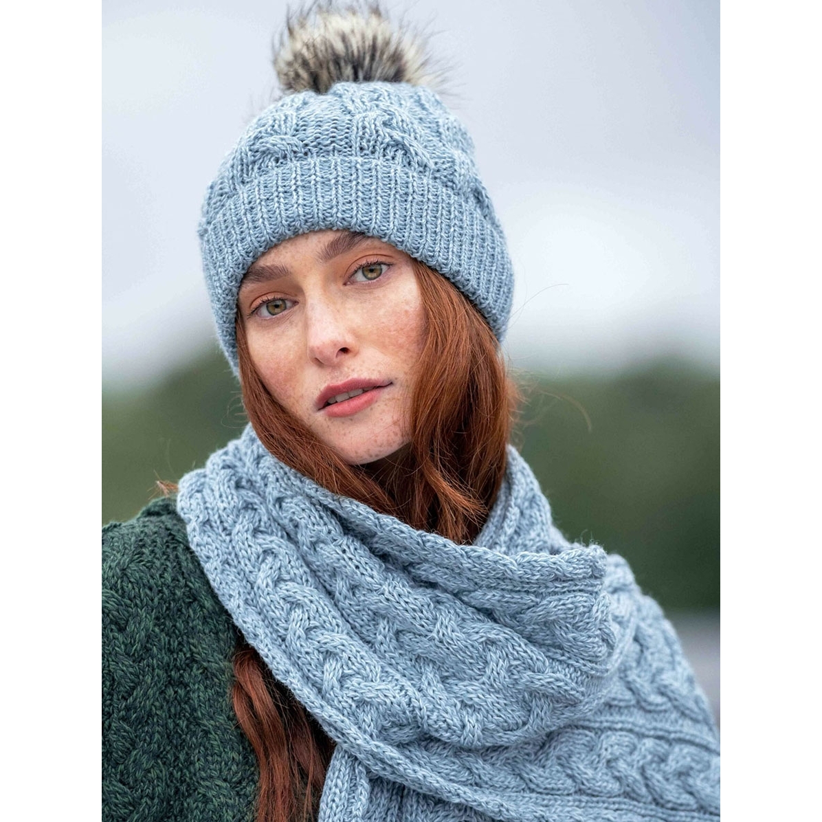 Aran Craft Irish Cable Pom Pom Hat (Mermaid) Clothing Caps Hats at ...