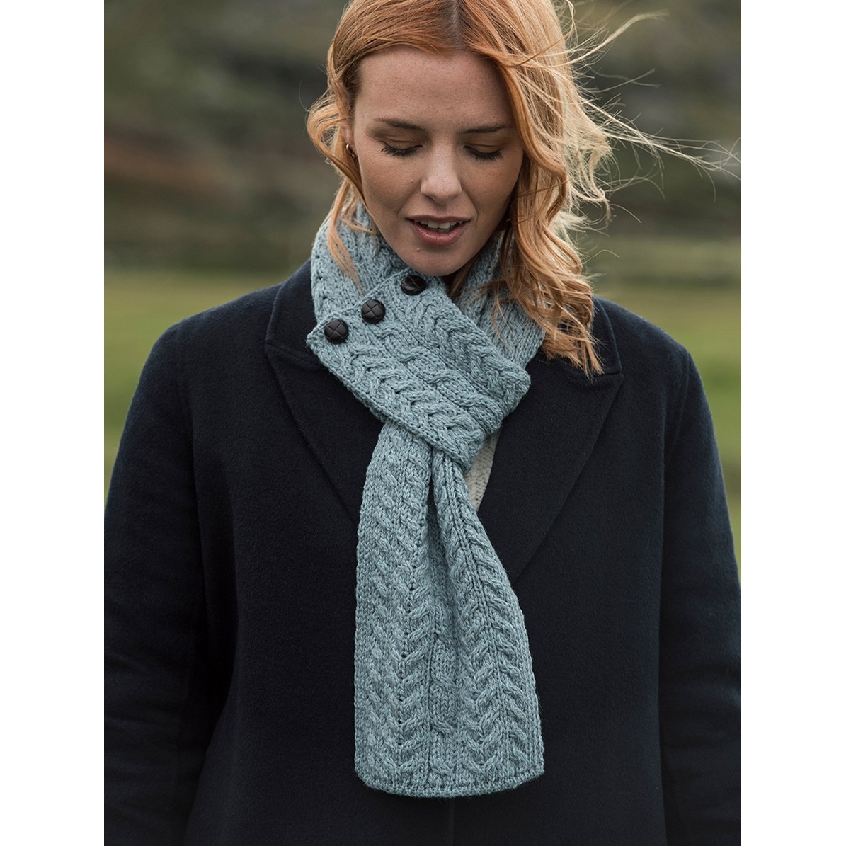 Aran Woollen Mills Irish Buttoned Loop Scarf (Light Blue) Clothing ...