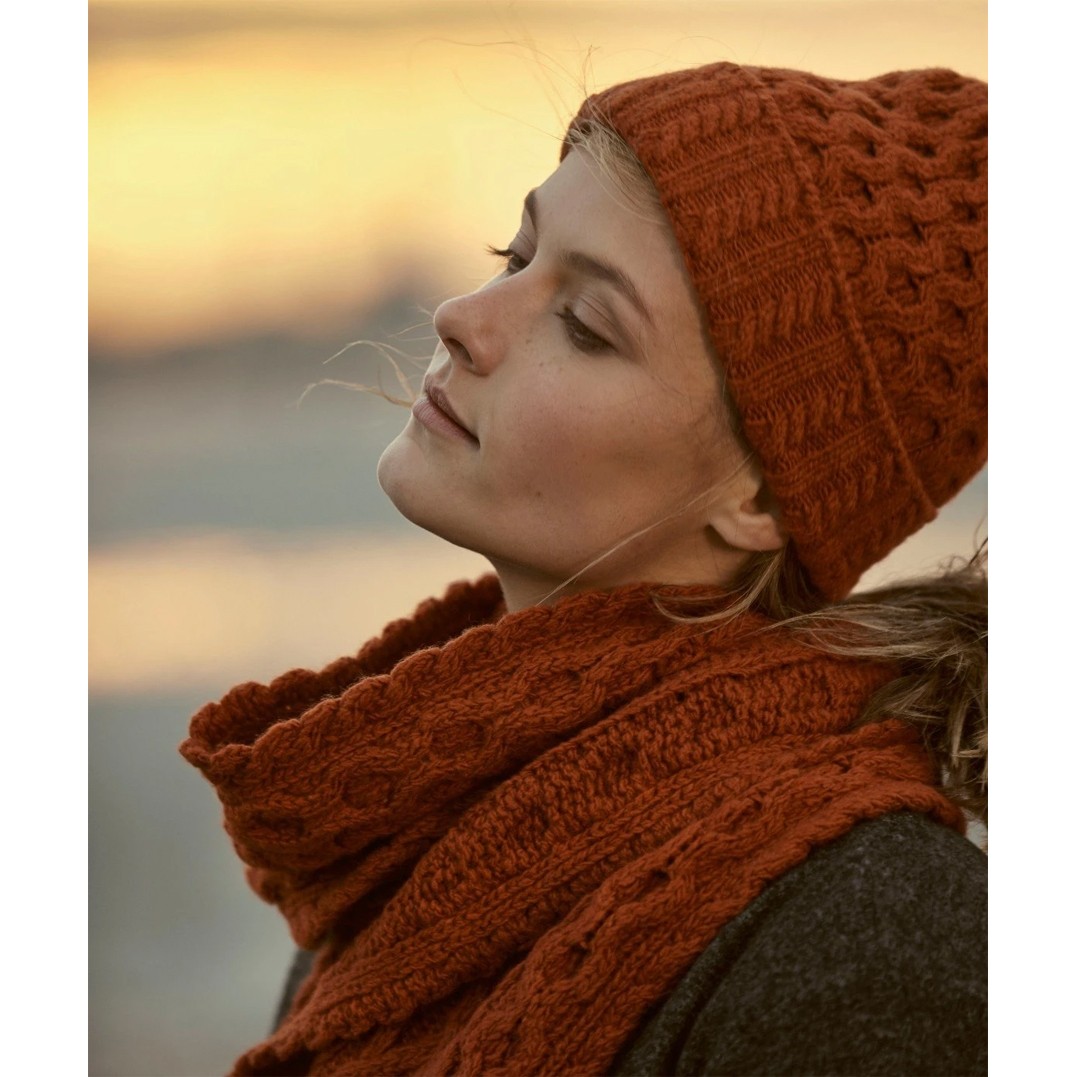Irelands Eye Knitwear Luxe Aran Hat (Terra Cotta) Clothing Caps Hats at ...