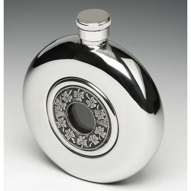 Mullingar Pewter Round Whiskey Flask (Shamrock) Flasks at Irish on Grand