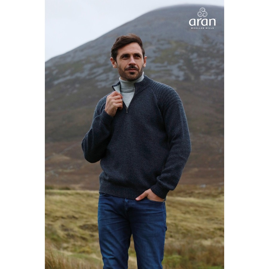 Aran Woollen Mills Ocean Grey Merino Wool Ribbed Troyer Sweater ...