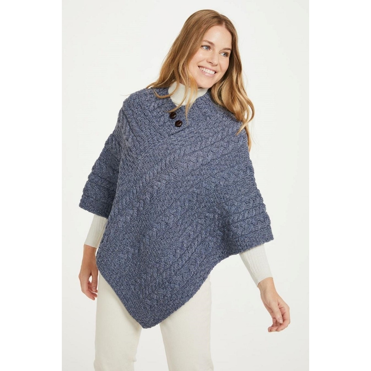 Aran Woollen Mills Irish Buttoned Poncho (Denim Blue) Clothing Capes ...