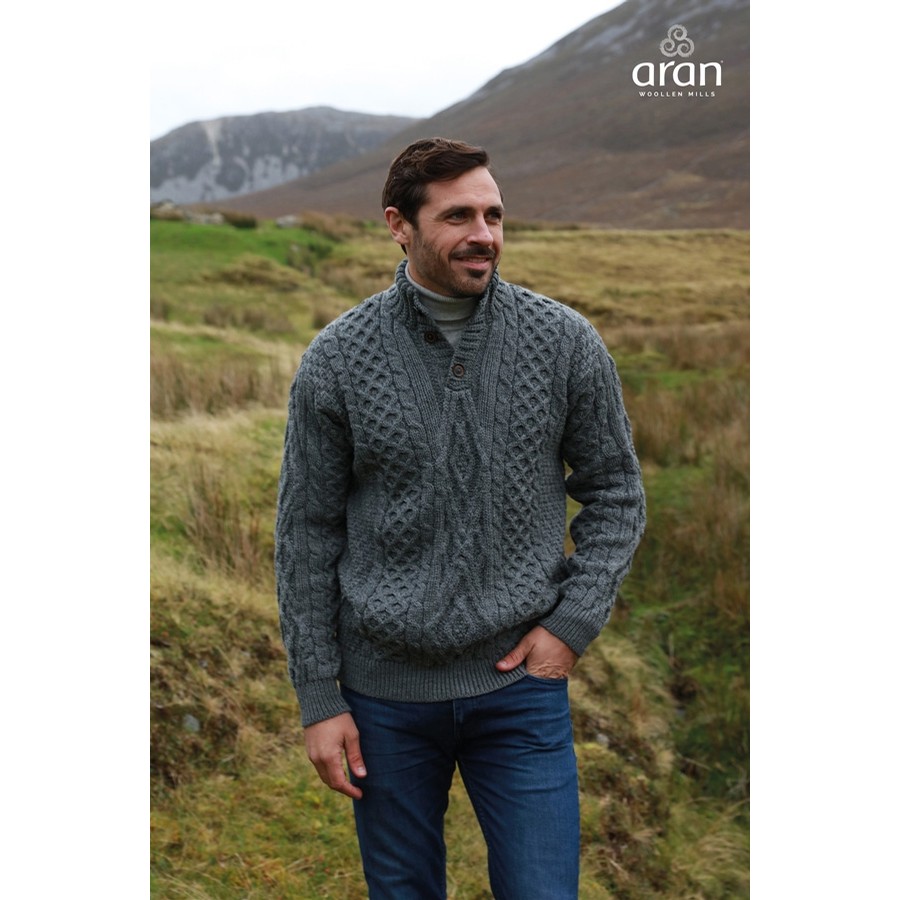 Aran Woollen Mills Woollen Grey Irish Button Down Aran Sweater Clothing ...