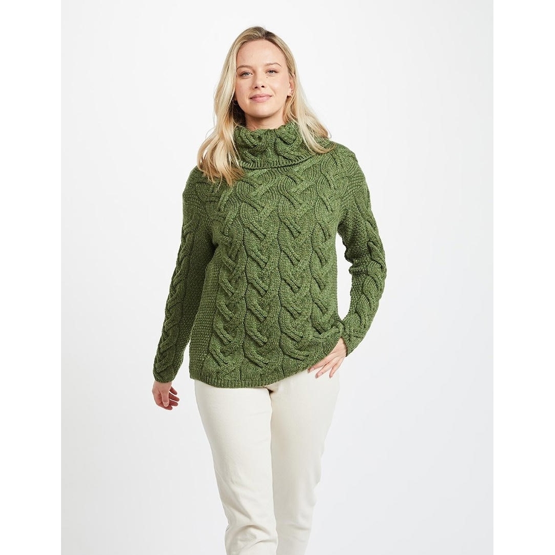 Aran Woollen Mills Irish Knit Sweater with Cowl Neck (Moss Green ...
