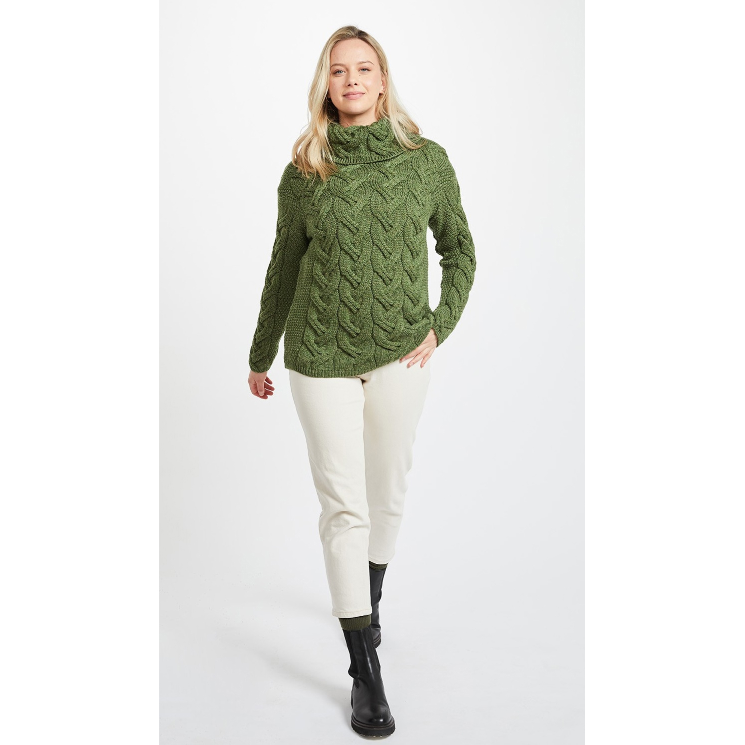 Aran Woollen Mills Irish Knit Sweater with Cowl Neck (Moss Green ...